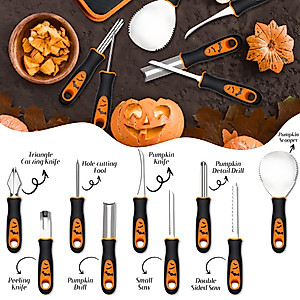 CNhoqc Halloween Pumpkin Carving Tools Set, Stainless Steel Carving Pumpkin Knife Kits with 10pcs Pumpkin Funny Face Stencils, 2pcs Disposable Pumpkin Theme Tablecloths for Fall Halloween Party Decor
