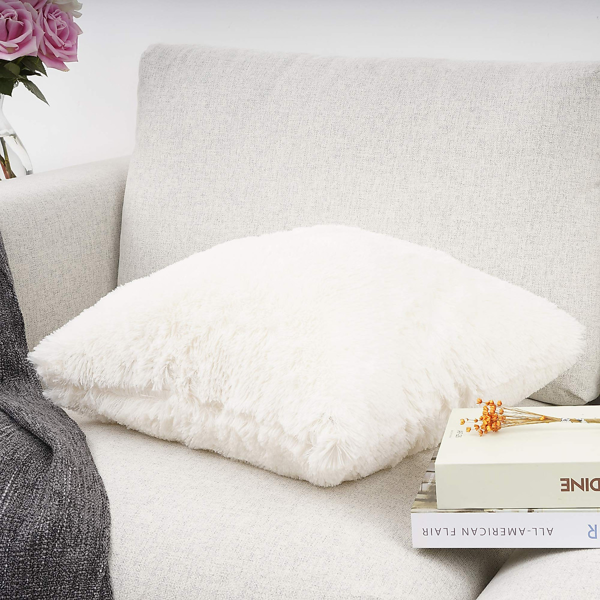 YOUR SMILE Pack of 2, Decorative Plush New Luxury Series Merino Style Faux Fur Throw Pillow Case Cushion Cover 18" x 18"(Ivory,White)