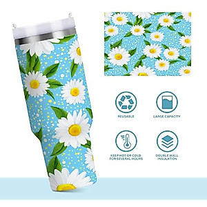RPLIFE White Daisies Yellow Light Blue 40 Oz Tumbler, Stainless Steel Tumbler with Straw, Travel Coffee Tumbler