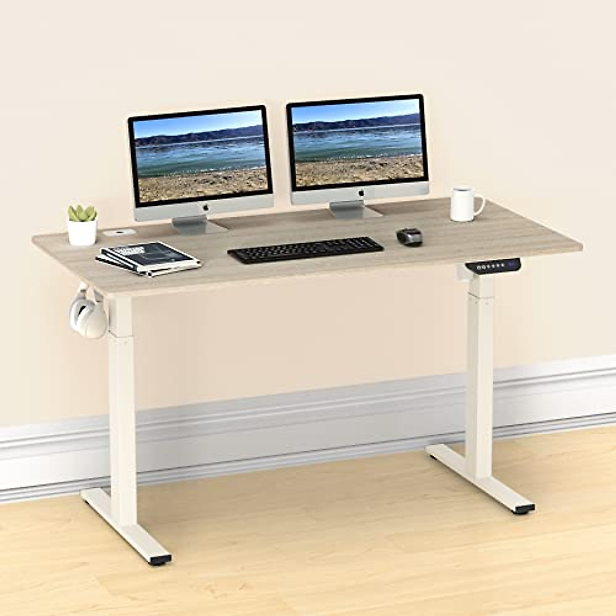 SHW 55-Inch Large Electric Height Adjustable Standing Desk, 55 x 28 Inches, Maple