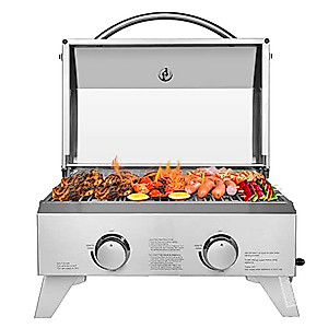 ROVSUN Portable Gas Grill with 2 Burner, Extra Large 20,000 BTU Tabletop Camping Propane Griddle for Outdoor Patio Garden BBQ Picnic Tailgating Trip Home Use with Stainless Steel Body, Regulator & Hose