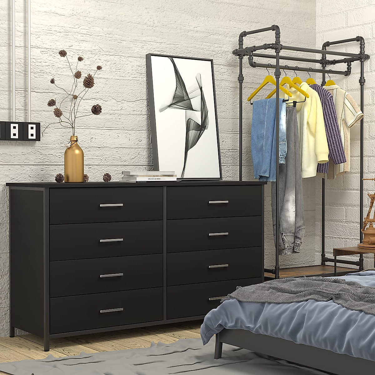 IKENO 8 Drawer Dresser for Bedroom, Industrial Wood Dresser Wide 8 Chest of Drawers, Wooden Storage Organizer Dresser with Sturdy Steel Frame (Black)