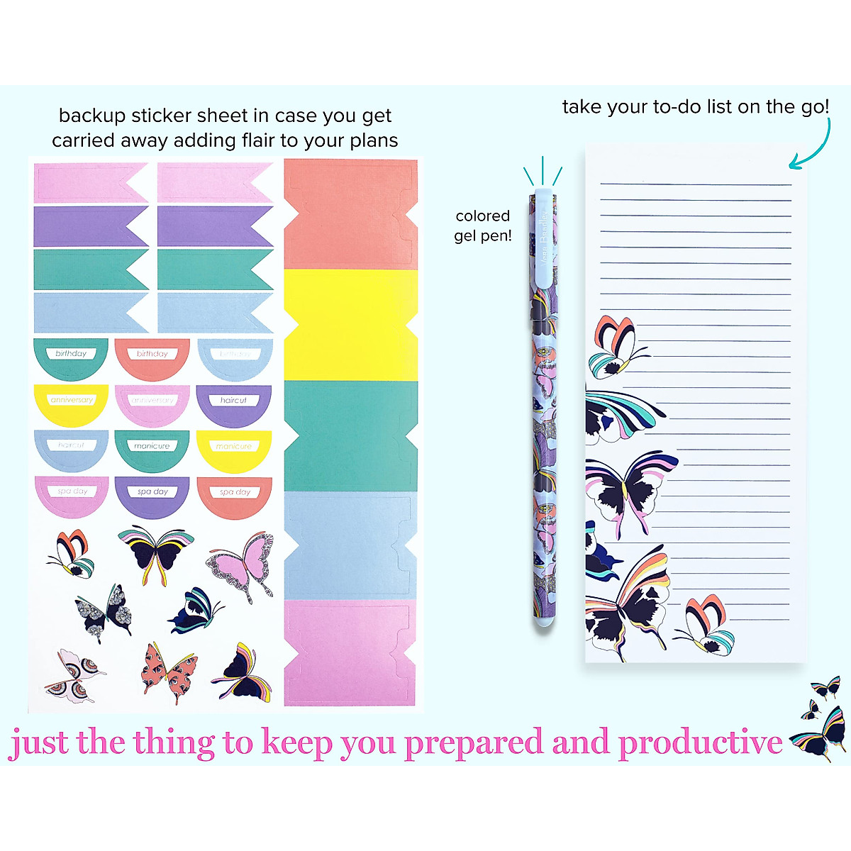 Vera Bradley Planner Accessories Pack, Fits Inside All VB Spiral Planners, Snap-In Pocket Folder with List Pad, Sticker Sheet, Gel Pen, and Magnetic Page Keeper, Butterfly By