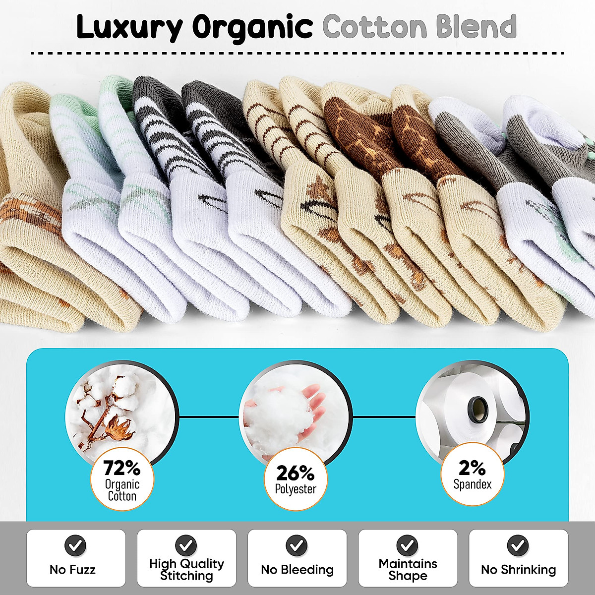 Hula Home 6-Pack Luxury Organic Cotton Blend Terry Anti-Slip Baby Socks for Infants 6-12 Months Boys and Girls, Fold-Over Cuffs and Anti-Skid Non-Slip Grips, Eco-Friendly Frustration-Free Packaging