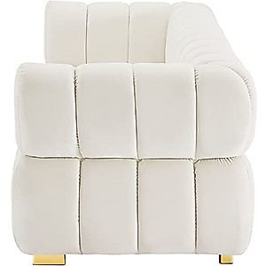 Meridian Furniture Gwen Collection Velvet Upholstered Sofa with Deep Biscuit Tufting, Cream