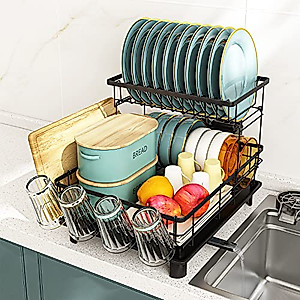 YGEOMER Large Dish Drying Rack, 2-Tier Dish Racks for Kitchen Counter, Detachable Dish Drainers with Utensil Holder, Kitchen Gadgets with Drainboard & Cup Holders, Black
