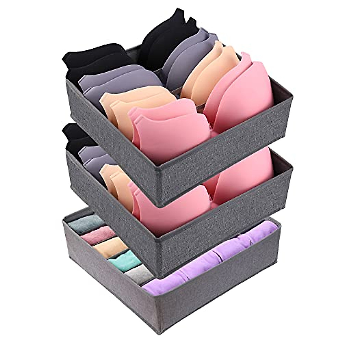 GOGOODA Bra Socks Drawer Organizers, 3 Pack Foldable Bra Drawer Organizer with Large Compartments -Washable PBT Fabric, Cabinet Organizer Box for Bras, Socks,Ties(4 +4+24Cell,Gray)