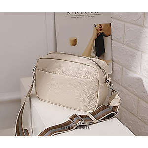 Lushandy Leather Crossbody Bags for Women Crossbody Camera Bag Purse Thick Strap Trendy Small Shoulder Bag with Guitar Strap (Beige)
