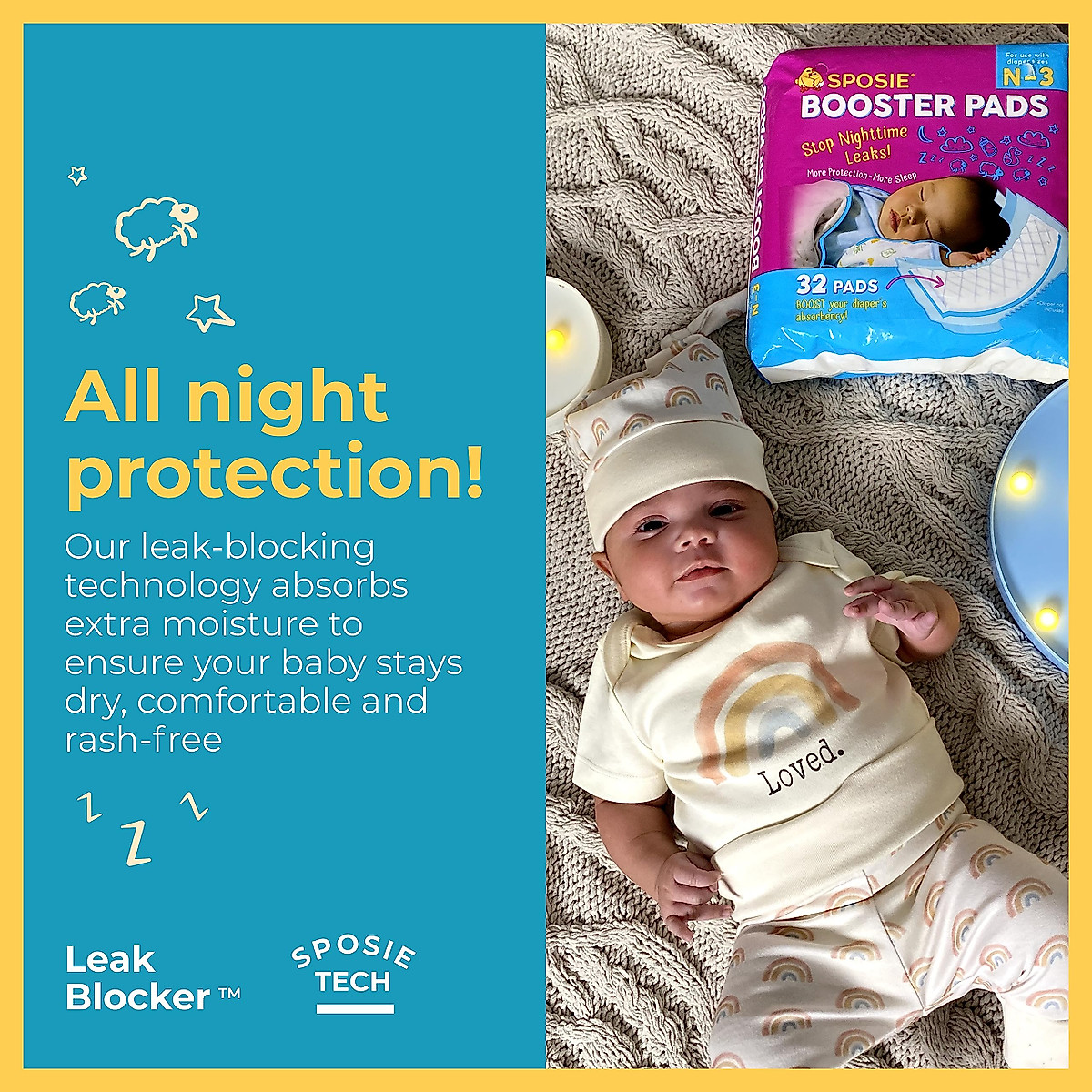 Sposie Booster Pads, Stop Overnight Diaper Leaks, Fits sizes Newborn 1 2 3, No Adhesive for Sensitive Skin, 32 ct