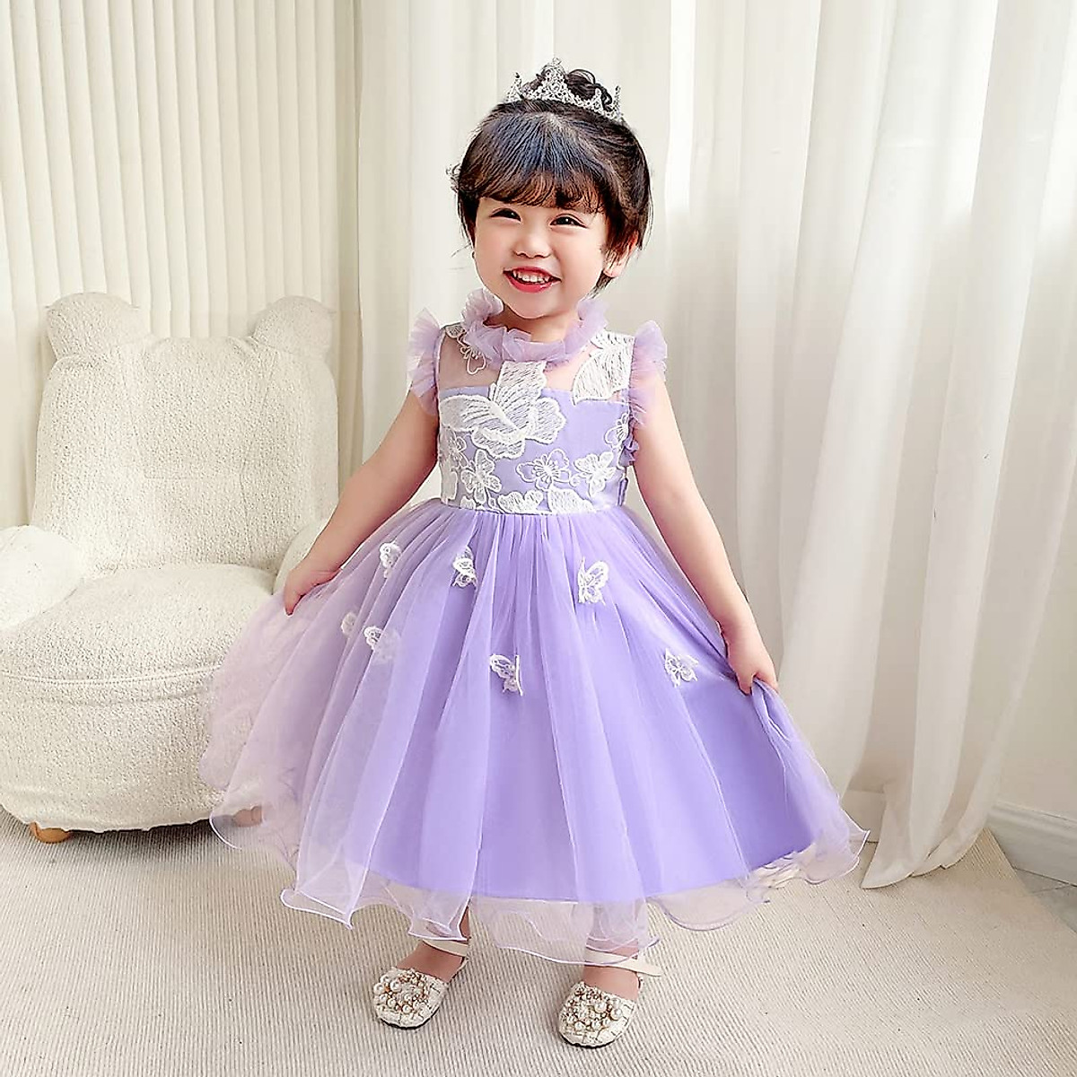 Baby Girls Birthday Dress Infant Ruffled Butterfly Embroidered Special Occasion Dresses (80/12-18M, Purple)