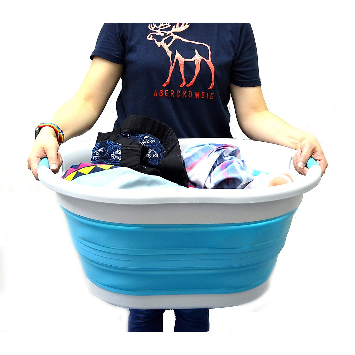 SAMMART 36L (9.5 gallon) Collapsible Plastic Laundry Basket - Oval Tub/Basket - Foldable Storage Container/Organizer - Portable Washing Tub - Space Saving Laundry Hamper, (Oval, Grey/Bright Blue)