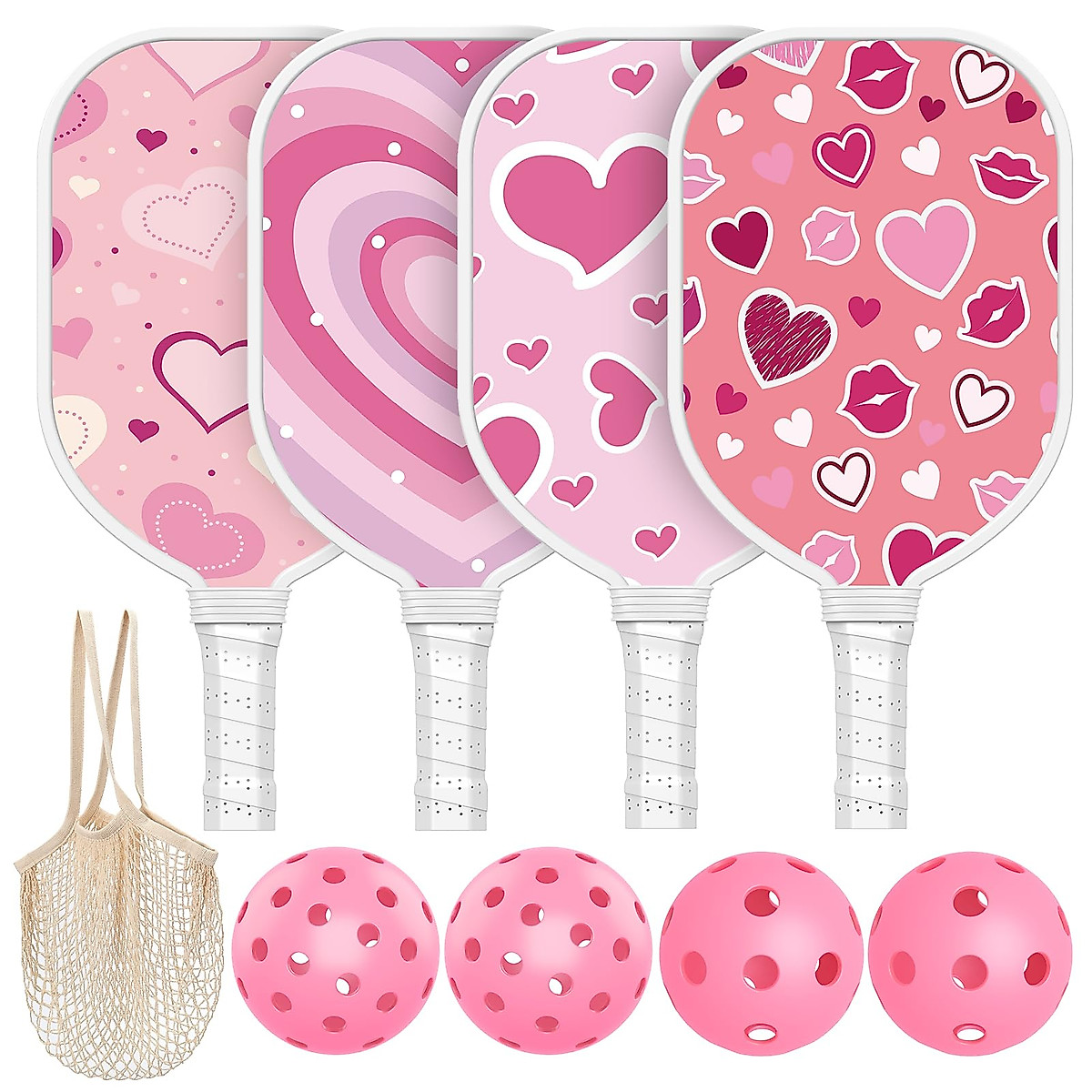 Sprypals Pickleball Paddles, Pink Pickleball Set of 4 with 4 Premium Wood Pickleball Paddles, 4 Balls and 1 Carry Bag Ergonomic Cushion Grip for Beginners & Intermediate Players Indoor & Outdoor