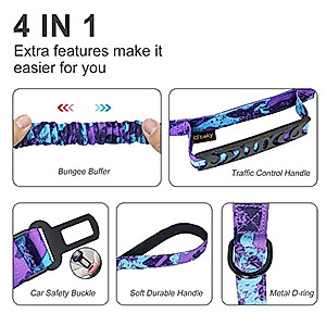 Hotsky Tactical Dog Leash Heavy Duty for Medium Large Dogs, 4-6Ft Strong Bungee Shock Absorbing Dog Leash, Padded Double Handle Military Dog Leashes with Car Seatbelt for Training, Purple Camo