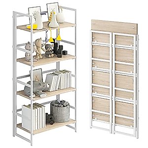 GHQME No-Assembly Folding Bookshelf Storage Shelves 4 Tiers Vintage Multifunctional Plant Flower Stand Storage Rack Shelves Bookcase for Home Office (White)