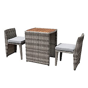 AcePRO Rio 3-Piece Rattan Bistro Set Outdoor Patio with Grey Cushions, NO Assembly