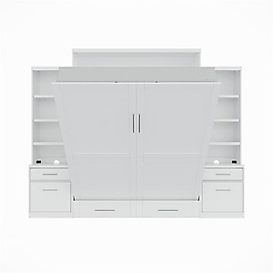 RoomAndLoft Queen Size White Murphy Wall Bed in Solid Wood, with Storage and Shelves, No Box Spring Needed, Easy Assembly, Up to weight capacity