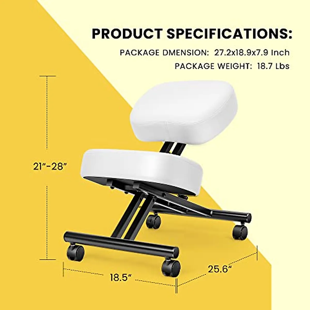 Ergonomic Kneeling Chair Adjustable Stool with Thick Foam Cushions and Smooth Gliding Casters for Home, White