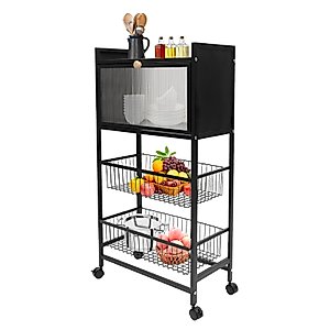 4 Tier Kitchen Organizer Shelf,with 4 Walls, Rolling Kitchen Storage Rack,Metal Shelves Unit for Kitchen, Bathroom, Garage (Black)