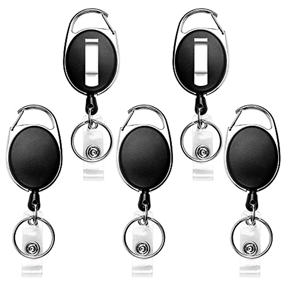 Teskyer 5 Pack Badge Holders, Retractable Badge Reel with Carabiner Belt Clip and Key Ring for ID Card Name Holder and Keychain