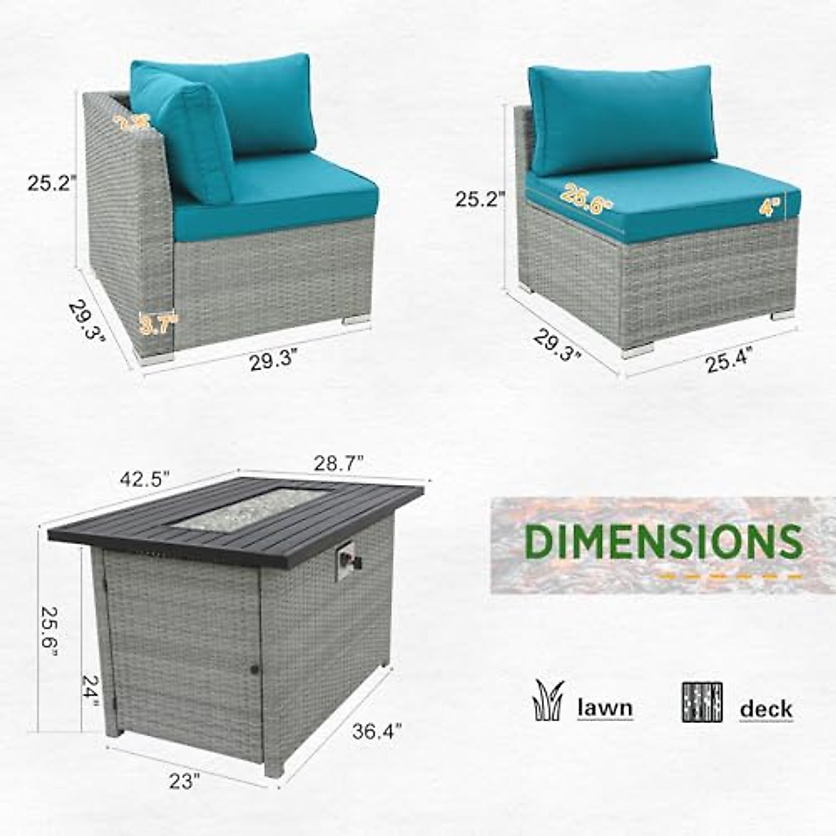 EAGLE PEAK 9 Piece Outdoor Wicker Patio Furniture Set with Fire Table, PE Rattan Sectional Conversation Sofa Set with Seating for 8 People, Light Blue