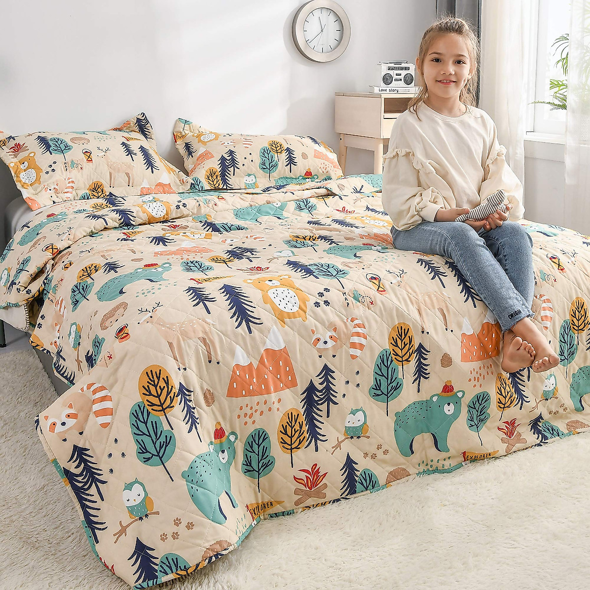 Quilt Set Twin Bedspread Coverlet Kids Twin Quilts Cartoon Bear Quilt Bedding Kids Quilt Bedspread Forest Animal Bear Print Kids Quilt Collection Home Lightweight Bedding Reversible Boys Coverlet