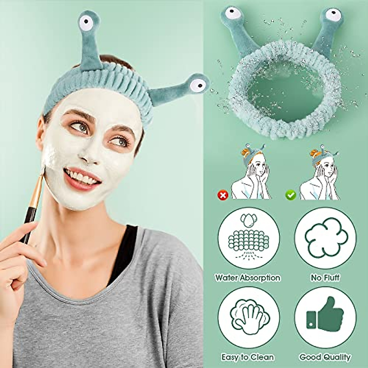 WLLHYF Spa Headband Facial Makeup Head Band Microfiber Soft Coral Fleece Head Wraps Snail Cartoon Cute Christmas Hair Accessories Elastic Skincare Hair Band for Women Girls Washing Face Beauty