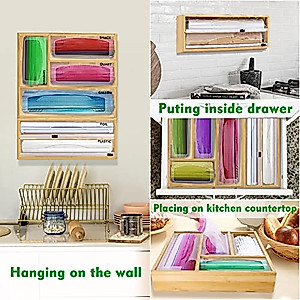 6 in 1 Ziplock Bag Organizer, Separate Bamboo Plastic Bag Organizer, Foil Dispenser with Cutter, with Acrylic Lid, Label, for Sandwich Snack Gallon Quart Bag, for Housewarming Mother's Day Gifts