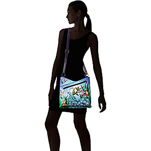 Anna by Anuschka Women's Genuine Leather Large V Top Multi-Compartment Cross Body | Hand Painted Original Artwork | Midnight Peacock