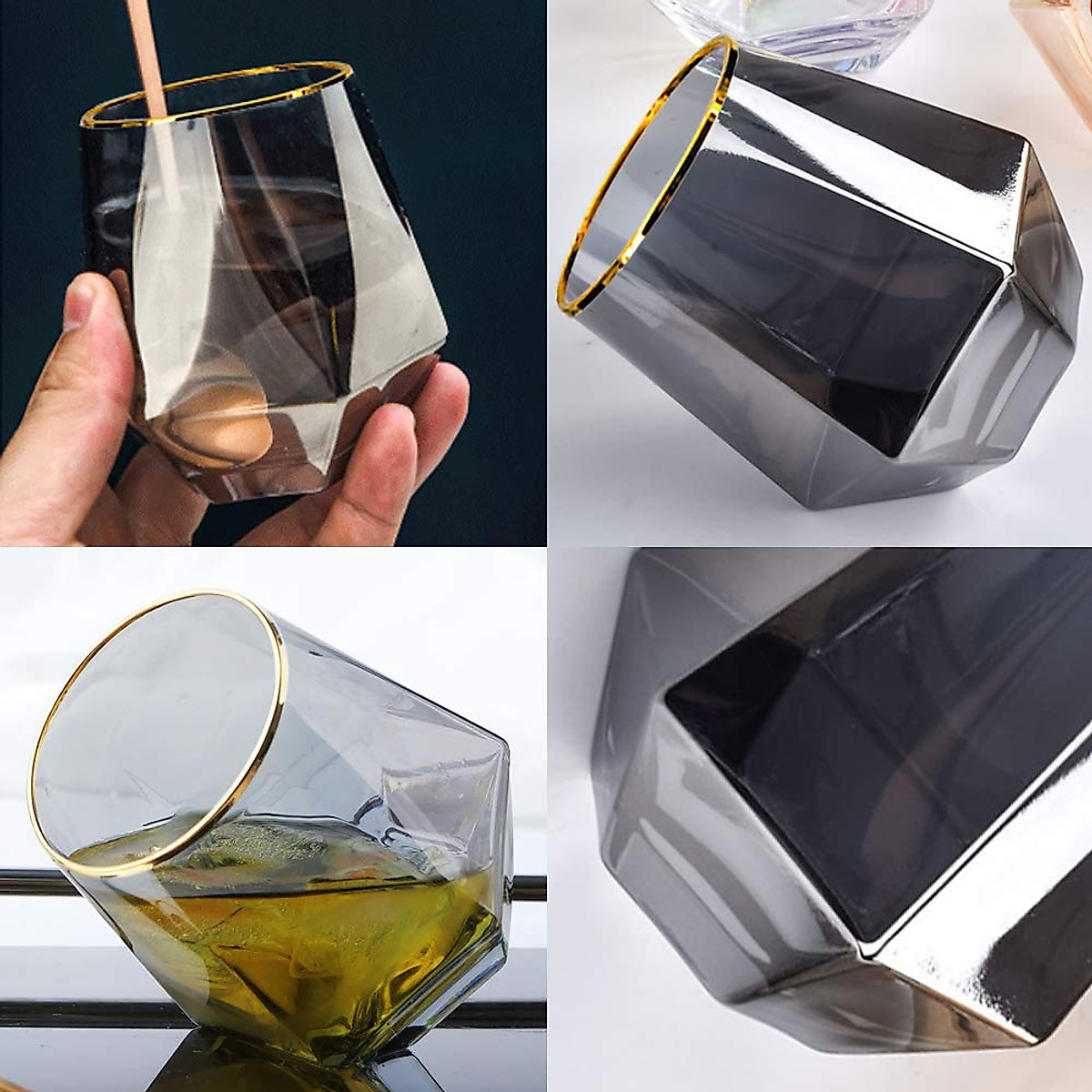 Diamond Whiskey Glasses, 4 PCS Rocks Glasses Gold Banded Cocktail Drinkware for Rum, Scotch or Wine Glasses, Tumblers Old Fashion Elegant Glass Unique Christmas New year Father's Day Gifts (Gray)