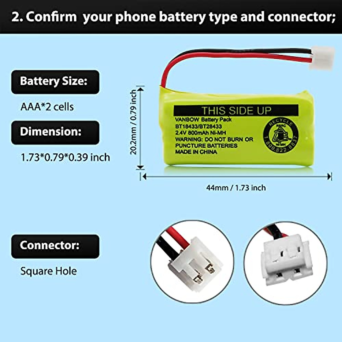 BT18433/BT28433 2.4V 800mAh Ni-MH Cordless Phone Battery, Also Compatible with AT&T BT184342/BT284342 BT8300 BT1011 BT1018 BT1022 BT1031 2SN-AAA55H-S-J1 CS6120 CS6209 CL80109 EL52419 (Pack 2)