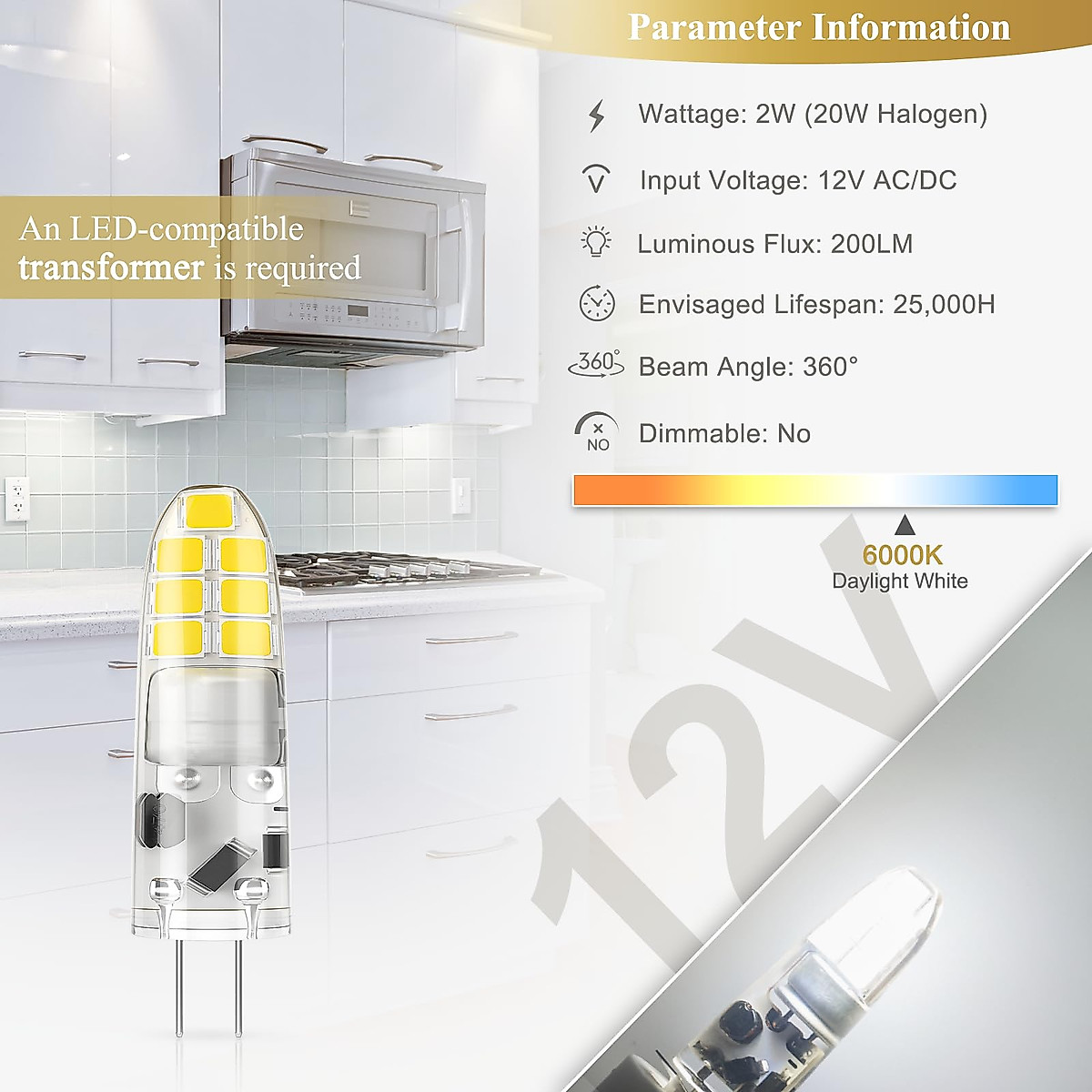DiCUNO G4 LED Bulb 12V, JC Bi-Pin Base Light Bulbs 2W, Daylight White 6000K, 20W T3 Halogen Replacement Bulb for Landscape Light, Under Cabinet Light, Chandelier, Non-dimmable, Pack of 10