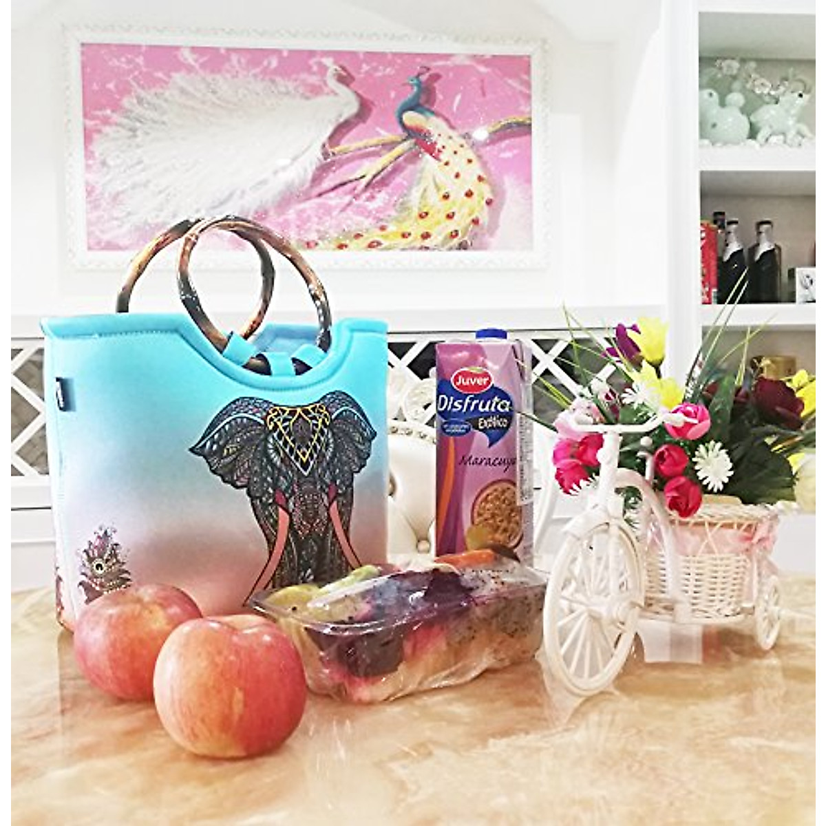 Lunch Bag Tote Bag by QOGiR - Large Reusable Insulated Neoprene lunch Bag with Inside Pocket (Elephant)