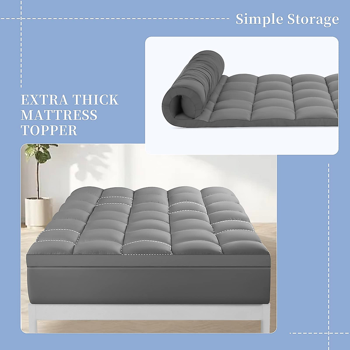 REDASW Mattress Pad King Size,Extra Thick Cooling Mattress Cover,Mattress Topper with 8-21" Deep Pocket,Mattress Pad Cover Cotton Top,Grey,78x80 Inches