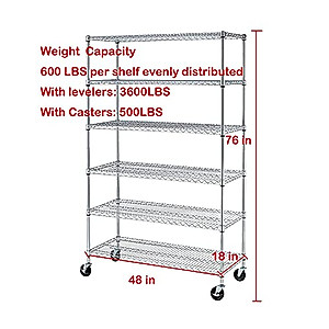 6 Tier Wire Shelving Unit Rack NSF Heavy Duty Height Adjustable Storage Shelf Metal Shelving with Wheels/Feet Levelers Garage Rack Kitchen Rack Office Rack Commercial Shelving - Chrome - 48x18x76