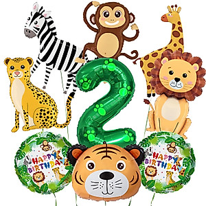 Jungle Animal Balloons, Safari Birthday Decorations, Large 40in Number 2 Balloon, Cute Smile Animal Balloons, for Boys Girls 2 Years Old Birthday, Jungle Safari Theme Party
