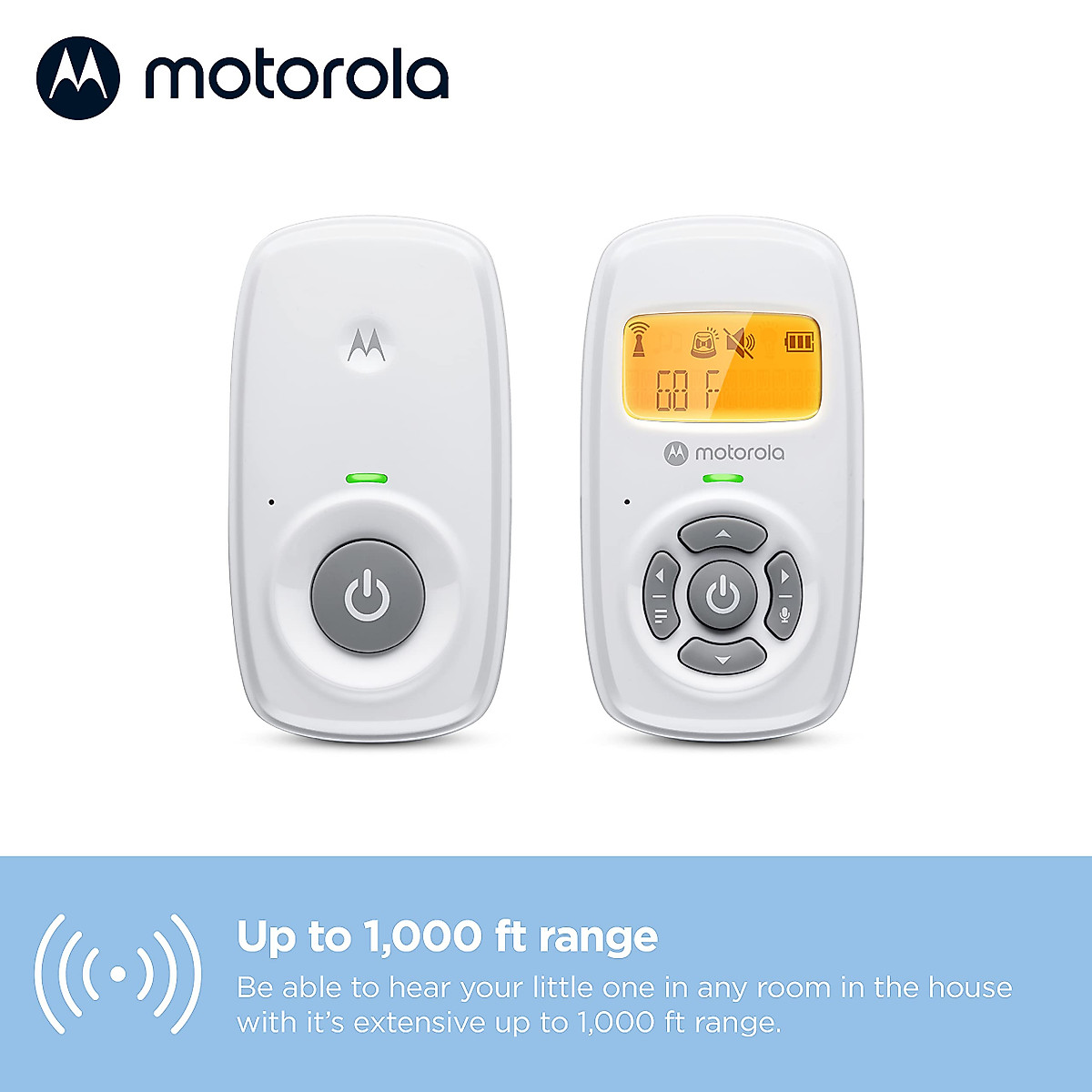 Motorola AM24 Audio Baby Monitor with LCD Screen - 1000ft Range, Secure & Private Connection, Two-Way Talk, Room Temperature Sensor, Portable Parent Unit (Built-in Rechargeable Battery)