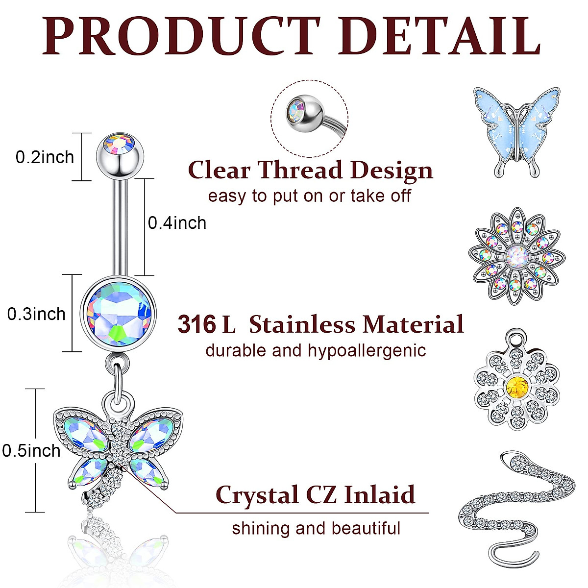 10 Pcs Dangle Belly Button Rings Piercing Belly Button Rings for Women Silver Heart Stainless Steel Curved Belly Rings Jewelry Dangling Cute Heart Butterfly Navel Rings Women's Body Piercing Barbells