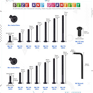 Glarks 141Pcs M6x16/ 20/25/ 30/35/ 40/45/ 50/55/ 60/65/ 70/75/ 80mm Black Hex Drive Socket Cap Bolts Kit, Countsunk Furniture Crib Bolts Nuts Screws for Chair Table Cabinets