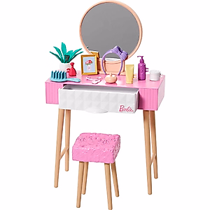 Barbie Furniture & Accessories Set, Doll House Décor, 10+ Pieces for Vanity Including Stand with Mirror, Stool, Beauty Products & More