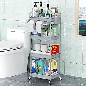 SPACEKEEPER Rolling Storage Cart, 4-Tier Bathroom Organizer Utility Cart Laundry Room Organization Mobile Shelving Unit with Towel Rack, Lockable Wheel, Hooks & Cup for Kitchen Bedroom Office, Grey