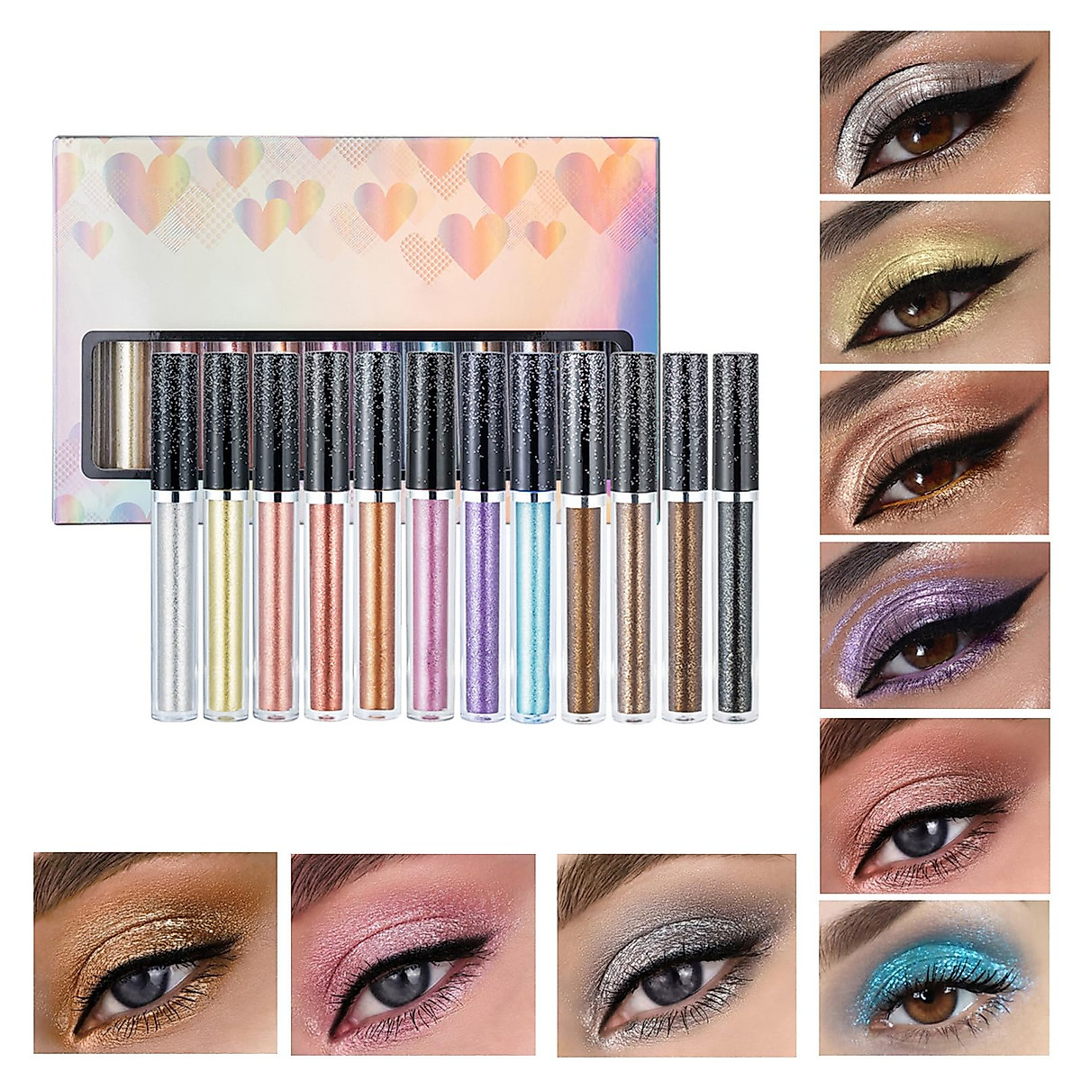 12 Colors Liquid Glitter Eyeshadow Set, Shimmer Sparkling Eyeshadow -Waterproof Long Lasting Quick-Drying Eyeshadow Metallic Pigment Primer Base Makeup Kits