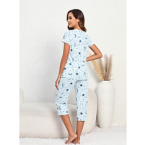 PNAEONG Women’s Pajama Set - Cotton-Blend Short-Sleeve Loose Top with Matching Capri Bottoms SY215-Blue Star-M