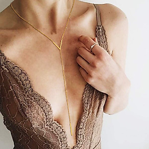 FOCALOOK Bar Pendant Y Gold Necklace Hypoallergenic Stainless Steel 14K Gold Plated Minimalist Dangle Extra Long Pendant Lariat Necklaces for Women