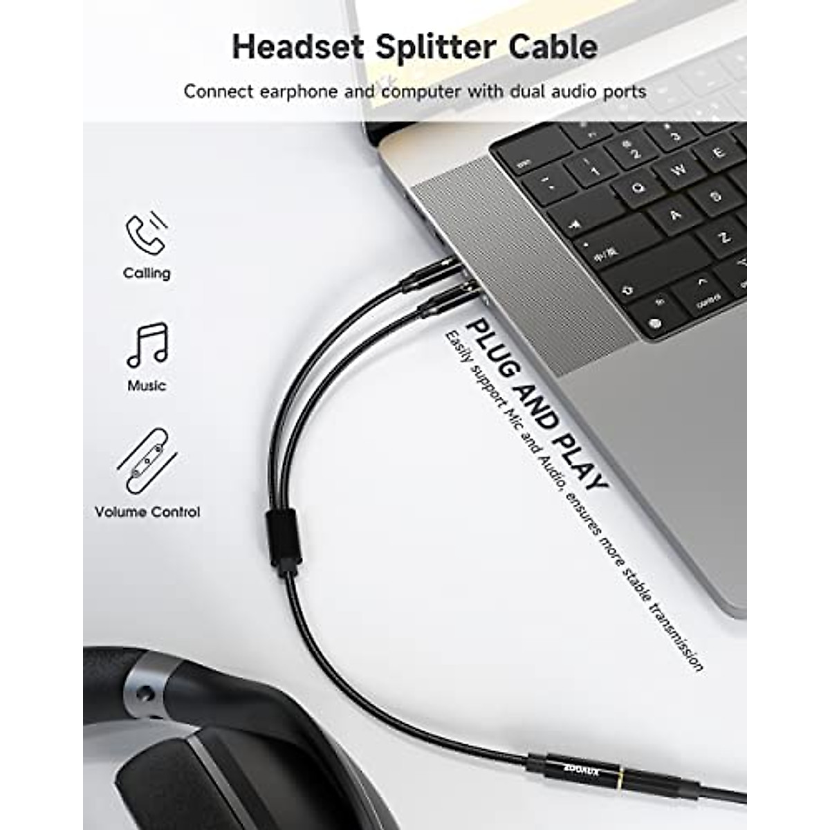 ZOOAUX Headphone Splitter Mic Cable for Computer, 3.5mm Headphone Mic Stereo Y Splitter, Headset 3.5mm Female to 2 Dual Male Microphone Audio Jack Stereo Jack to Gaming Speaker PC Adapter