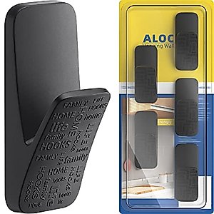 ALOCEO Sticky Hooks for Hanging 5 Pack, Plastic Adhesive Hooks Towel Hooks for Bathrooms Kitchen Dorm Room Wall, Black