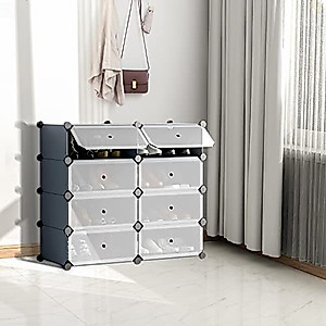 UNZIPE Shoe Rack Cabinet, 8-Tier Shoe Storage Organizer for Entryway, 16 Pairs Plastic Shoe Shelves with Door DIY Freestanding Shoes Tower with Covered for Closet Bedroom Hallway Garage, Dark Grey
