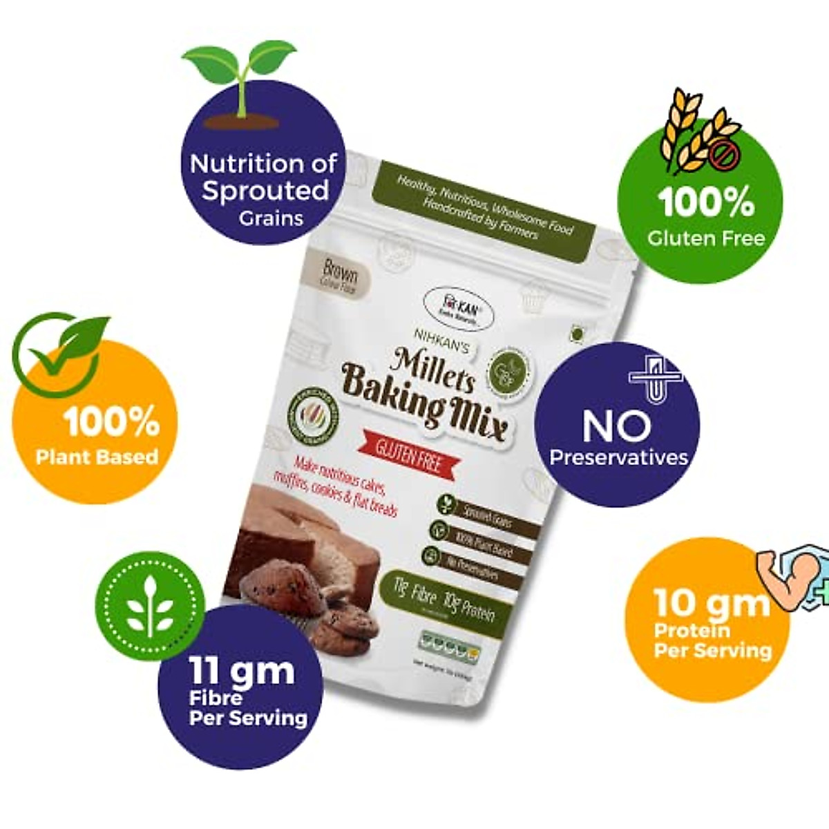 NIHKAN Gluten free Sprouted Millets Baking Mix Flour- 454g (16 Ounces) | Self Raising Flour for Multipurpose Baking needs of cakes, muffins, cookies and pizza | High protein & High Fibre