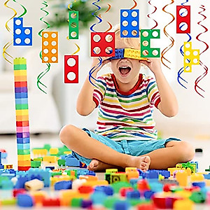 Hoteam 30 Pcs Building Blocks Party Favors Building Blocks Hanging Swirl Decoration Building Theme Hanging Swirls, 16 Building Block Cutouts with Single Hanging Swirls and 14 Double Hanging Swirls