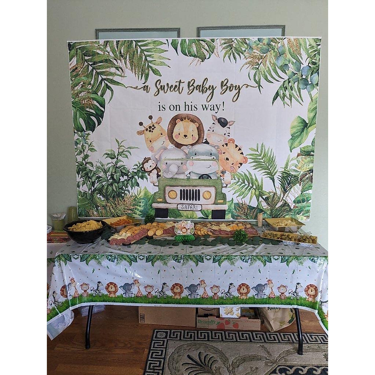 Avezano Jungle Safari Baby Shower Backdrop Safari Animals Boy Baby Shower Party Background Decorations Tropical Green Leaves Safari Oh Baby Shower Banner Supplies(7x5ft)