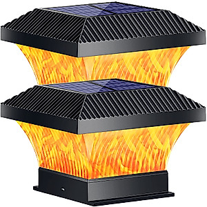 TomCare Solar Post Cap Lights Flickering Flame Solar Post Lights Outdoor Fence Lights Solar Powered Decorative Flame Solar Lights Waterproof Deck Lighting for Fence 4x4 6x6 Posts Patio Deck, 2 Pack